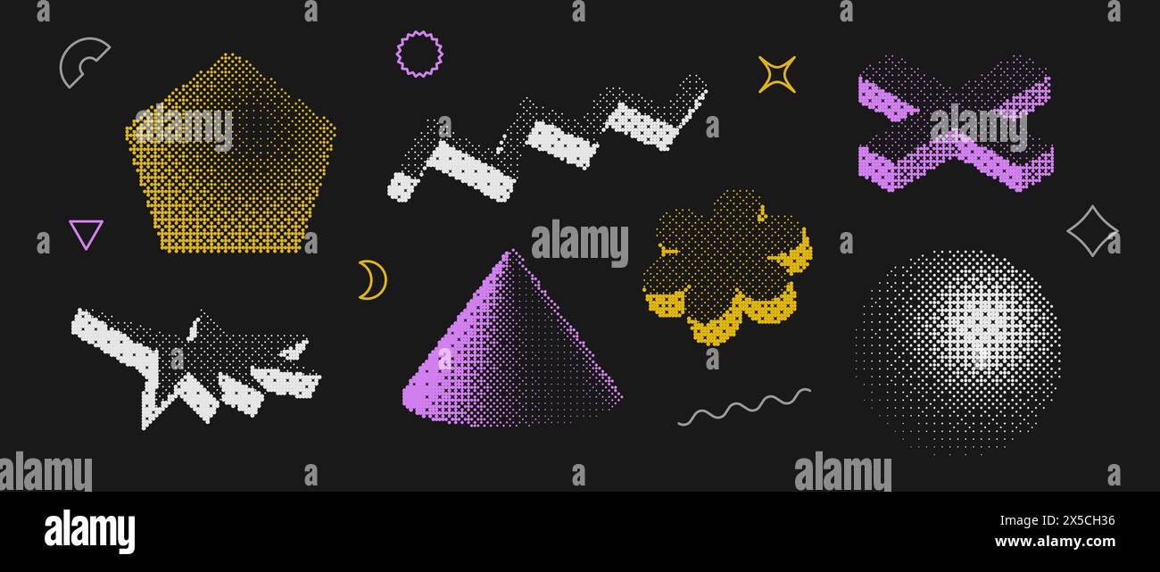 Bitmap textured shape set. Dither halftone object collection. Colorful ...