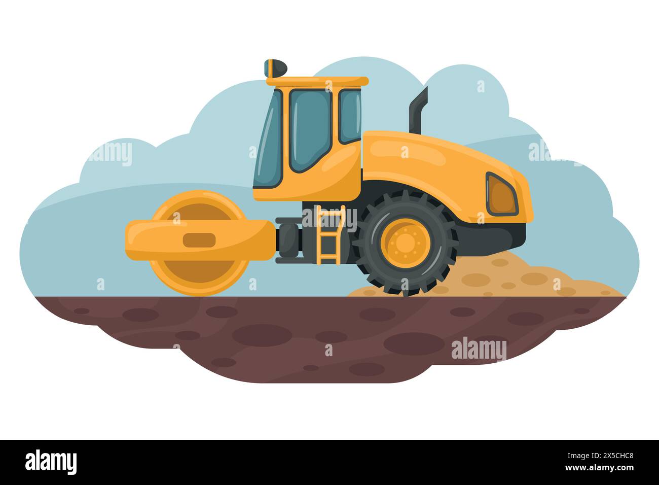 Cartoon of soil compactor roller compacting the ground. Heavy machinery ...
