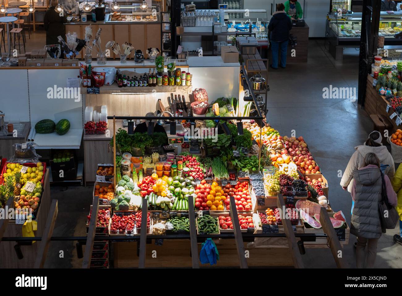 Fruit and vegetable stall with Cucumbers, tomatoes, melons, Leeks ...