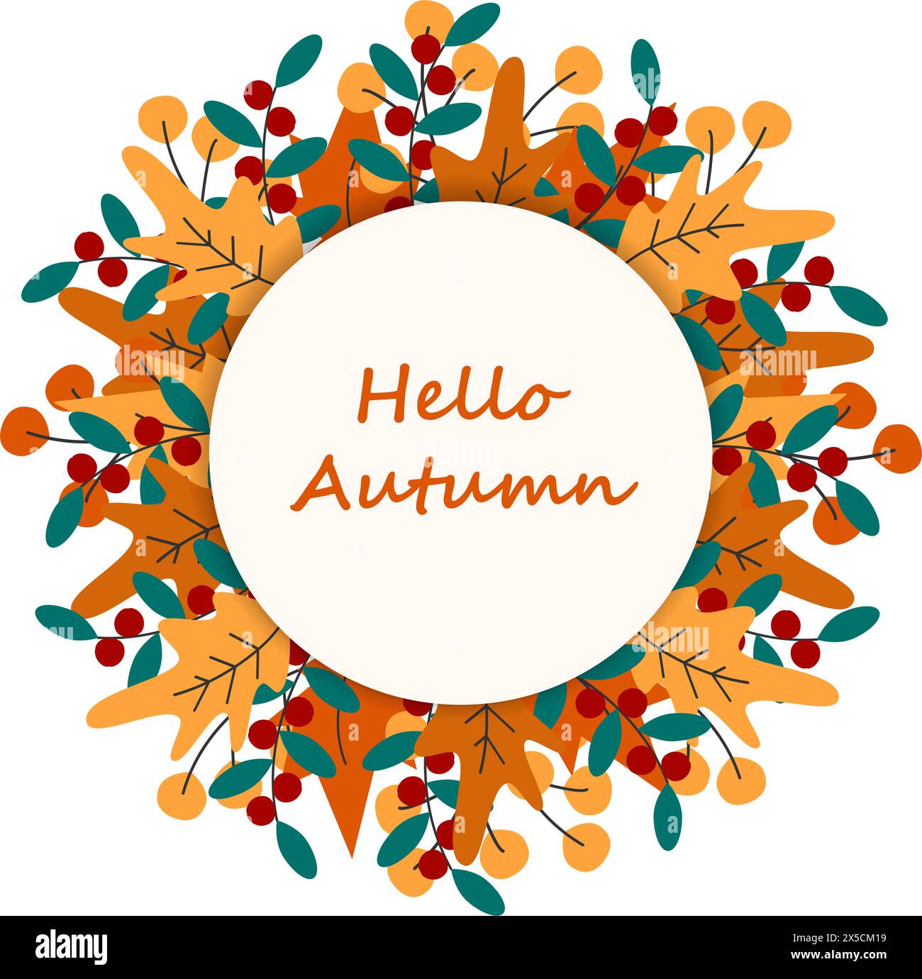 Hello Autumn Handwriting lettering in circle frame of Rustic Leaves ...