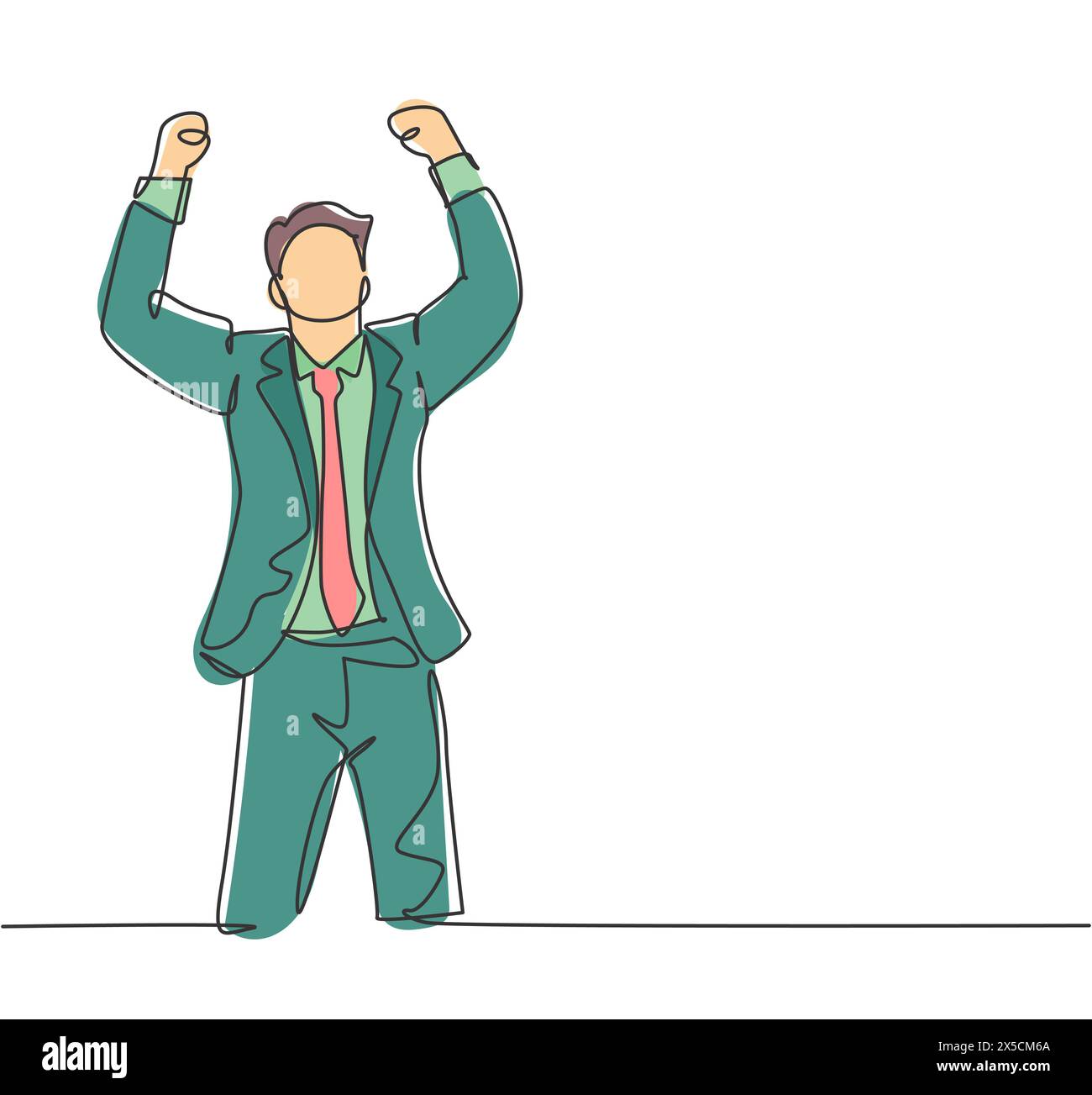 One single line drawing of young happy CEO standing and fist his hands ...