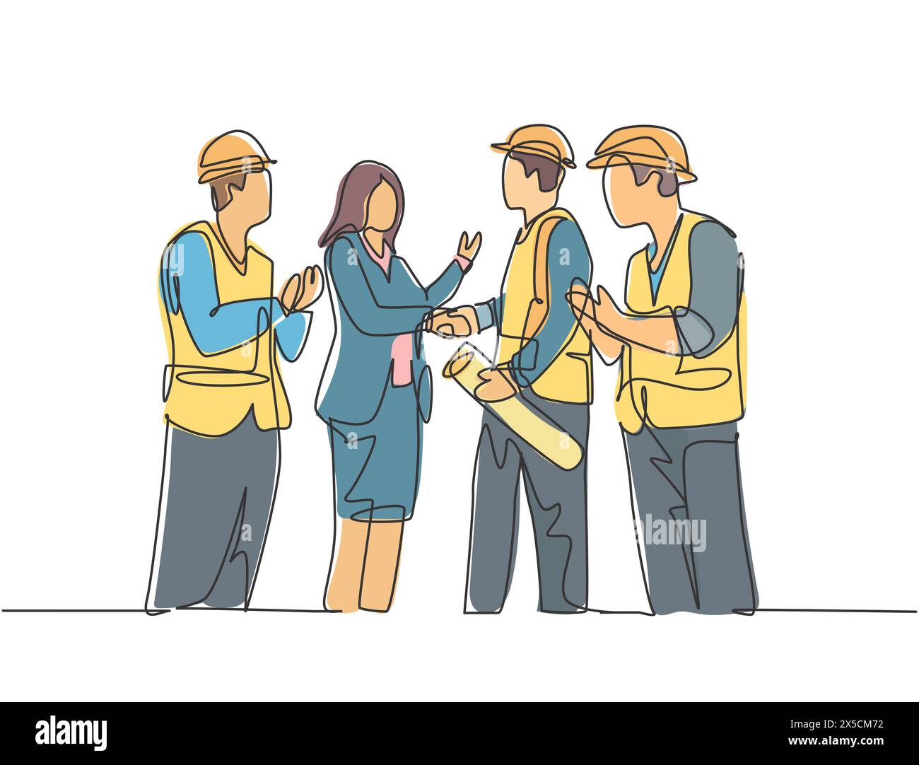 One line drawing of young business woman and architect builder wearing ...