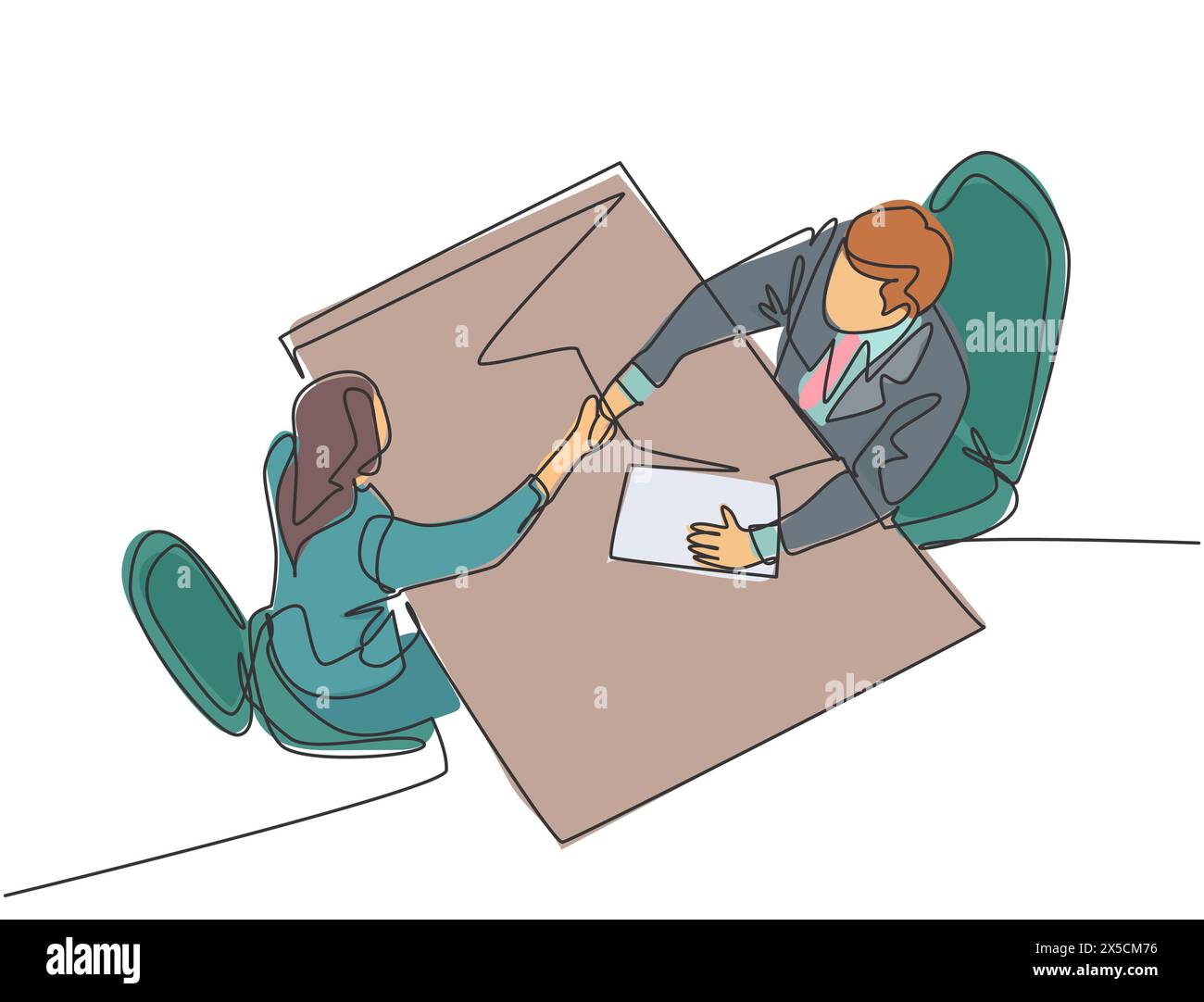 Continuous line drawing of young manager handshake his female worker to ...