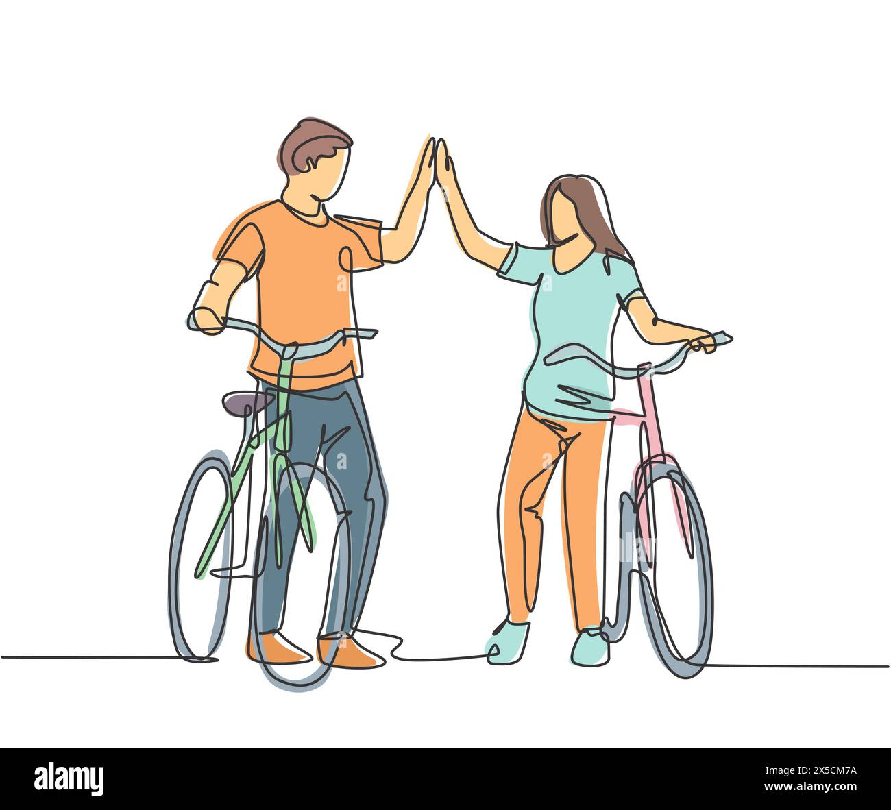 One line drawing of young happy couple male and female take a walk with ...