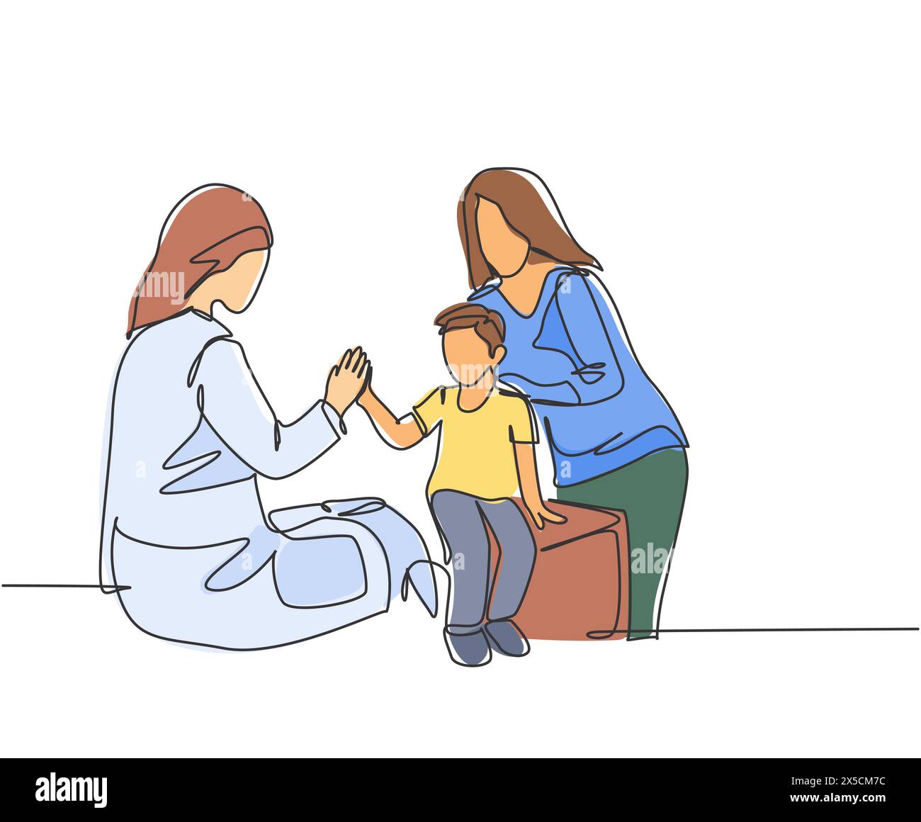 Single line drawing of young happy female doctor checking up sick ...