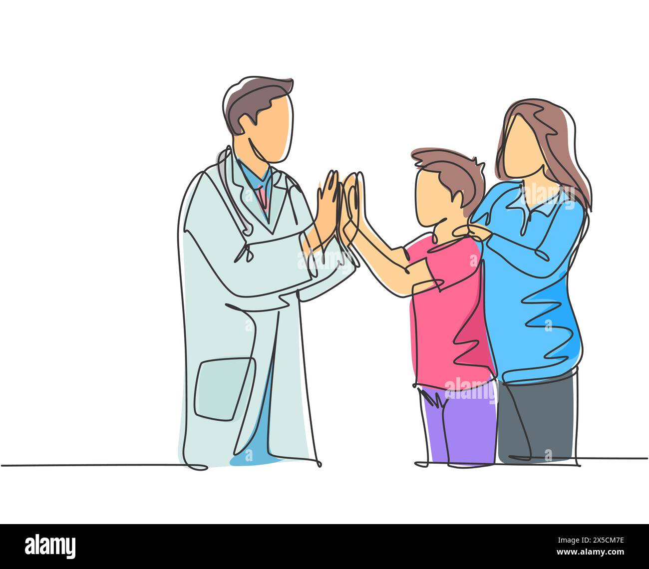 Single line drawing of young happy male doctor checking up sick patient ...