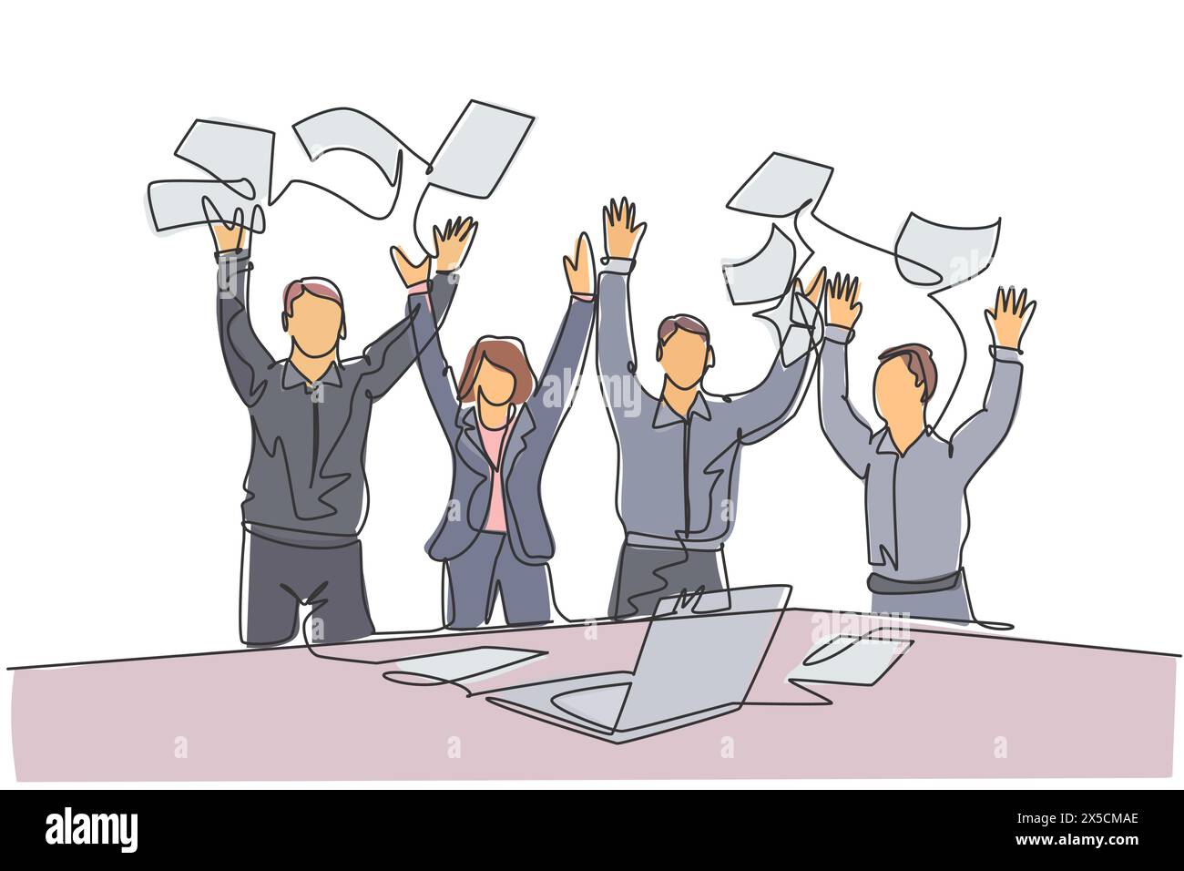 One single line drawing of young male and female stockbroker celebrate ...