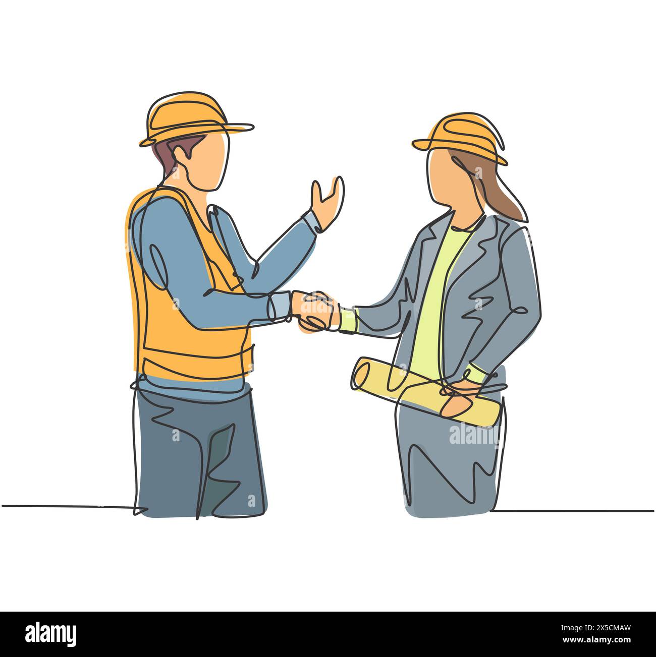 One line drawing of young architect woman and builder foreman wearing ...