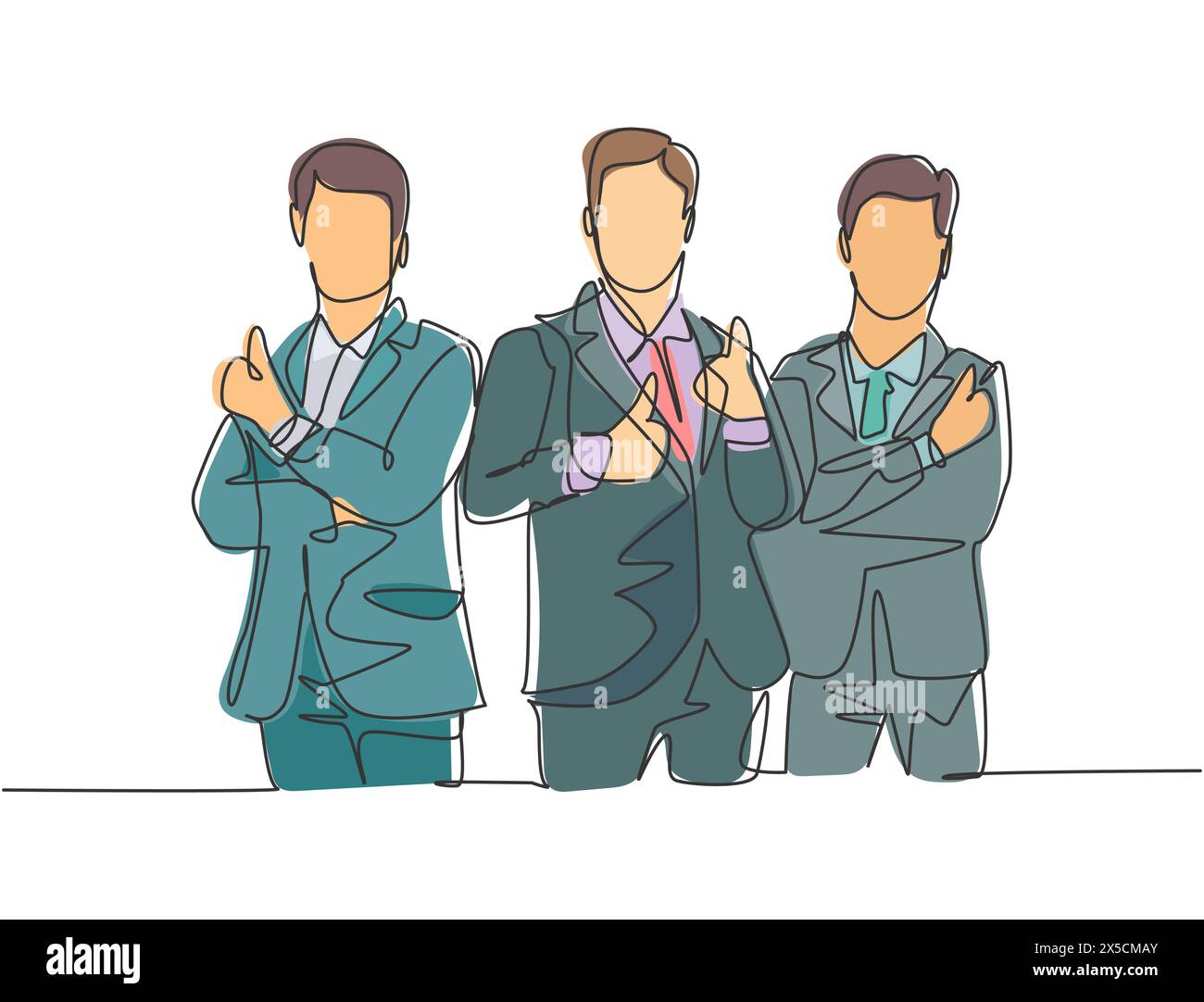 Single line drawing group of young happy businessmen standing together ...
