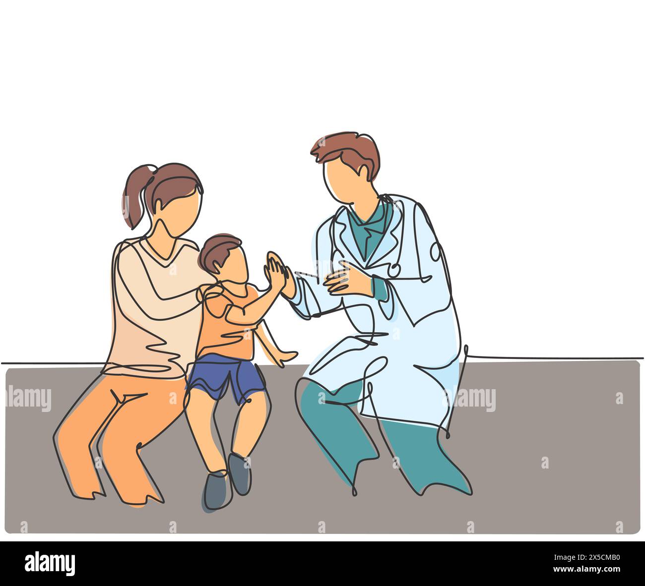 Single line drawing of young happy male doctor checking up sick patient ...