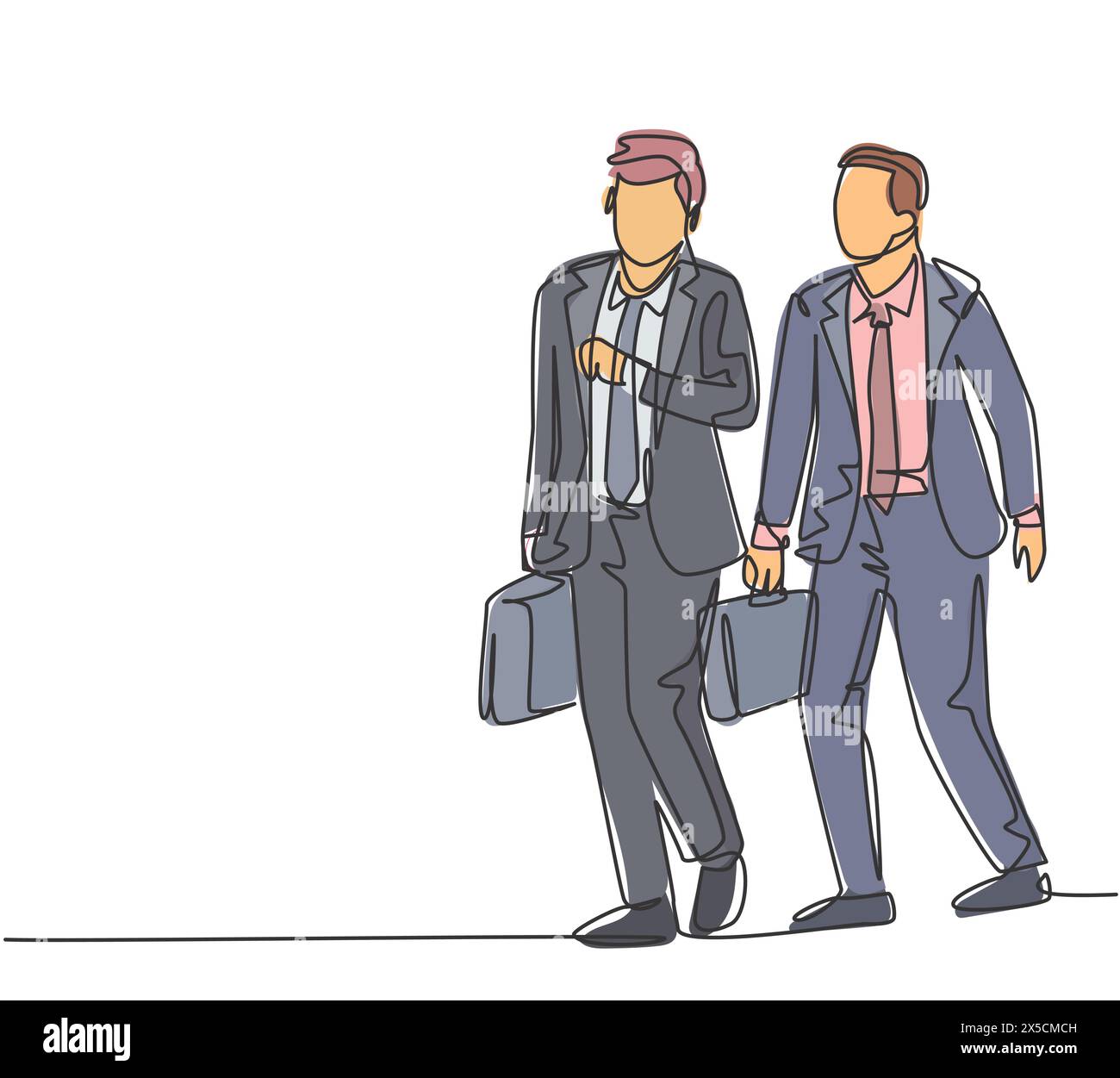 One single line drawing of two young male managers walking in hurry ...