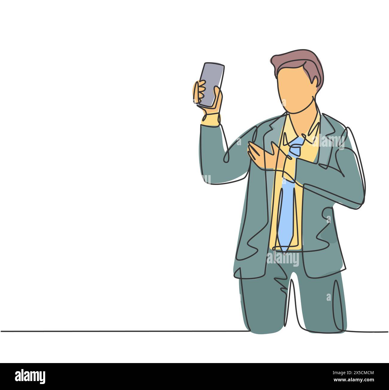 One continuous line drawing of young salesman promote and introduce new ...