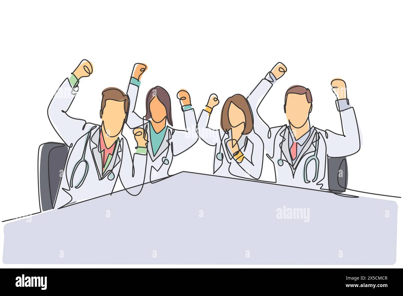 One single line drawing of group of male doctor and female doctor ...