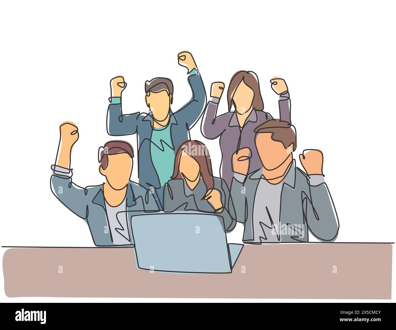 One continuous line drawing of young happy business man and business ...