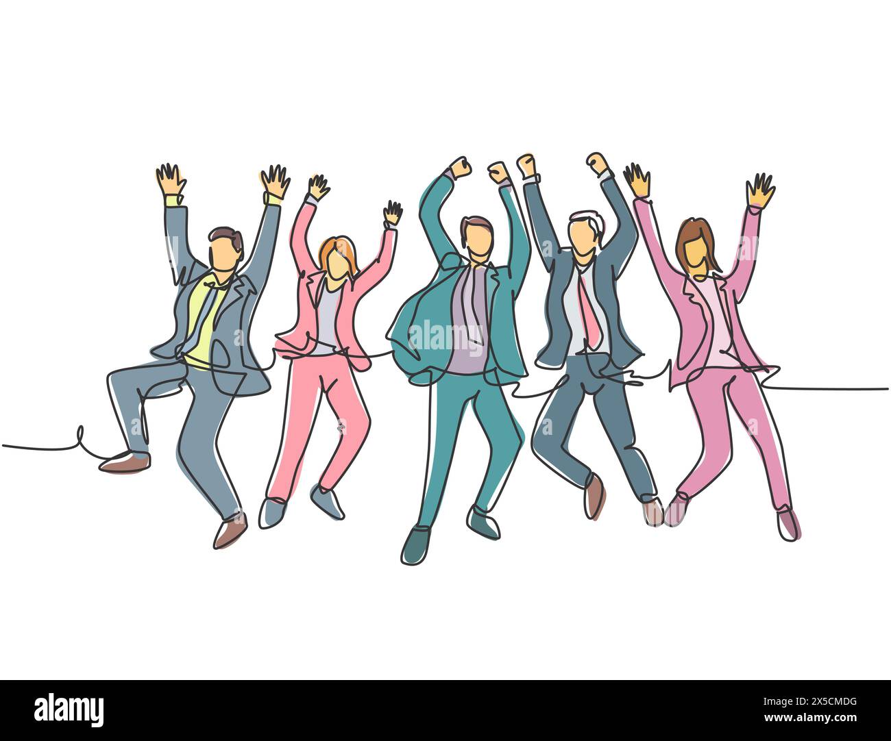 One line drawing of young happy business man and business woman jumping ...