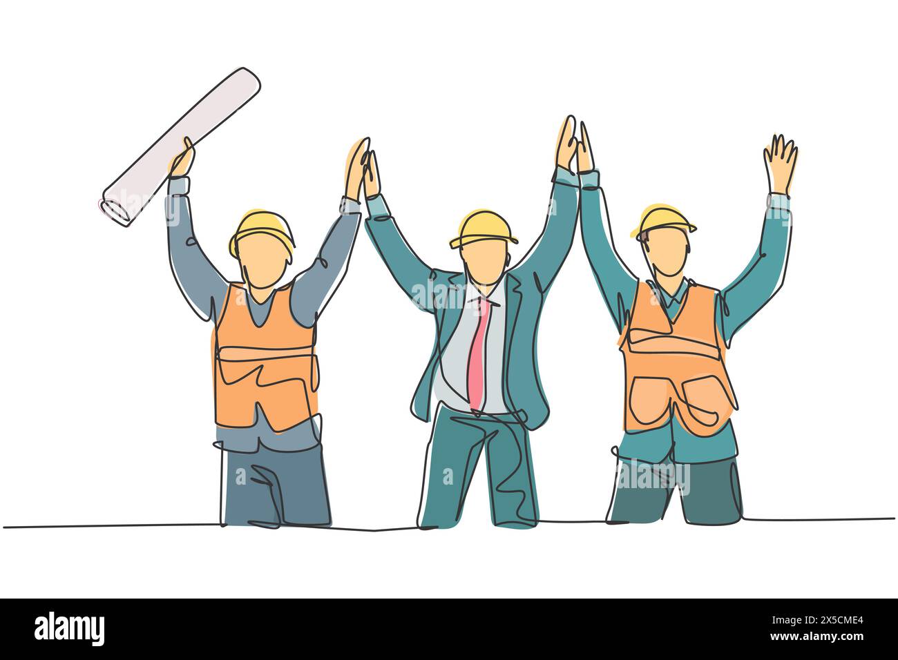 Single Line Drawing Of Construction Worker And Foreman Celebrate Their Successive Build The