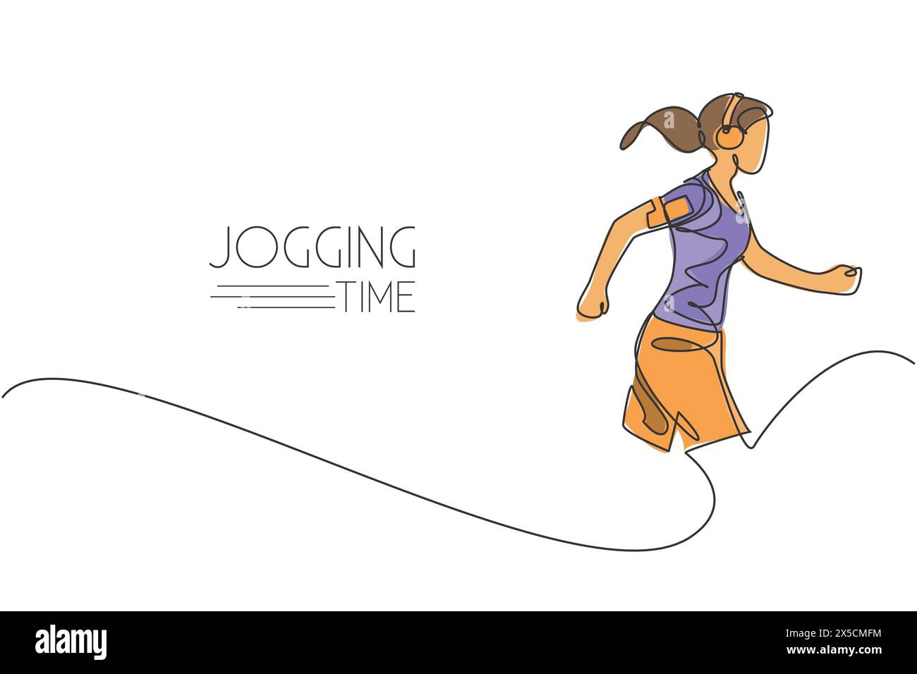 One single line drawing of young energetic woman runner run relax with ...