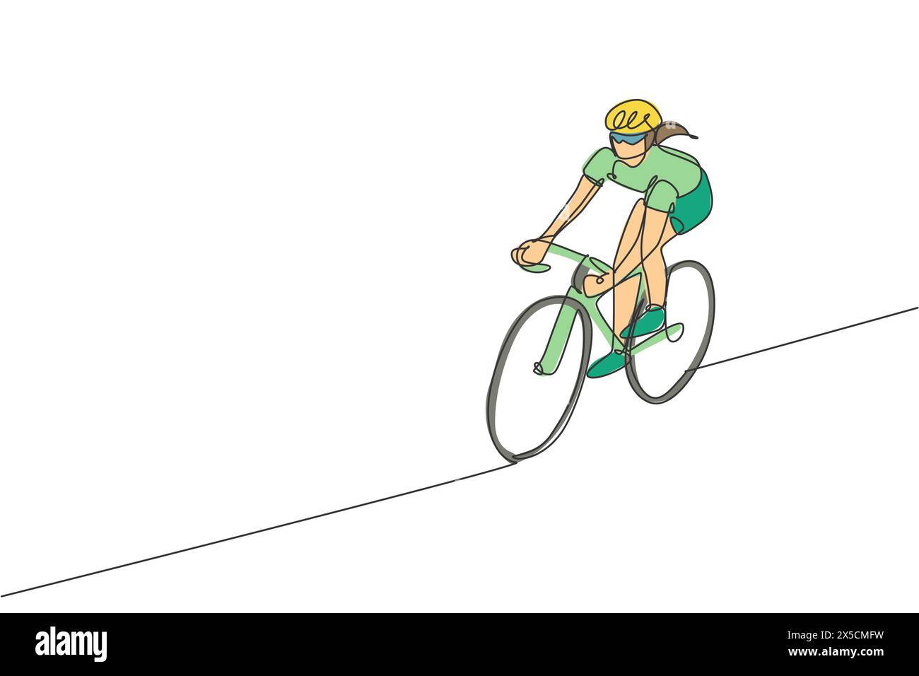 One continuous line drawing of young sporty woman bicycle racer focus ...