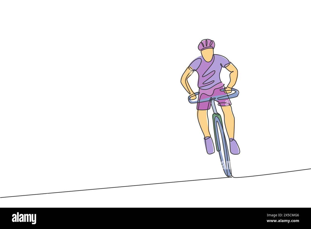 Single continuous line drawing young agile man cyclist focus training ...