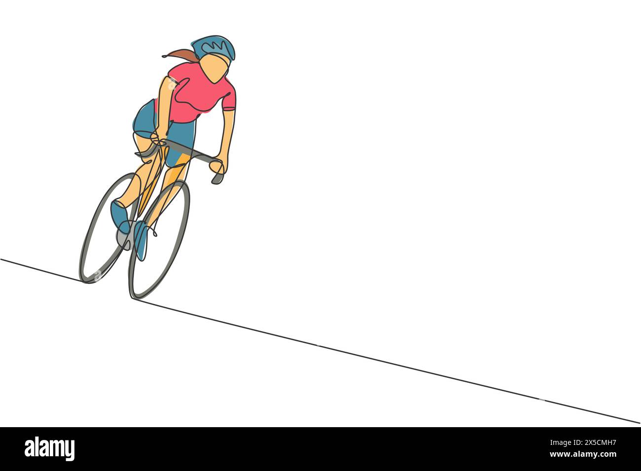 One single line drawing young energetic woman bicycle racer race at ...