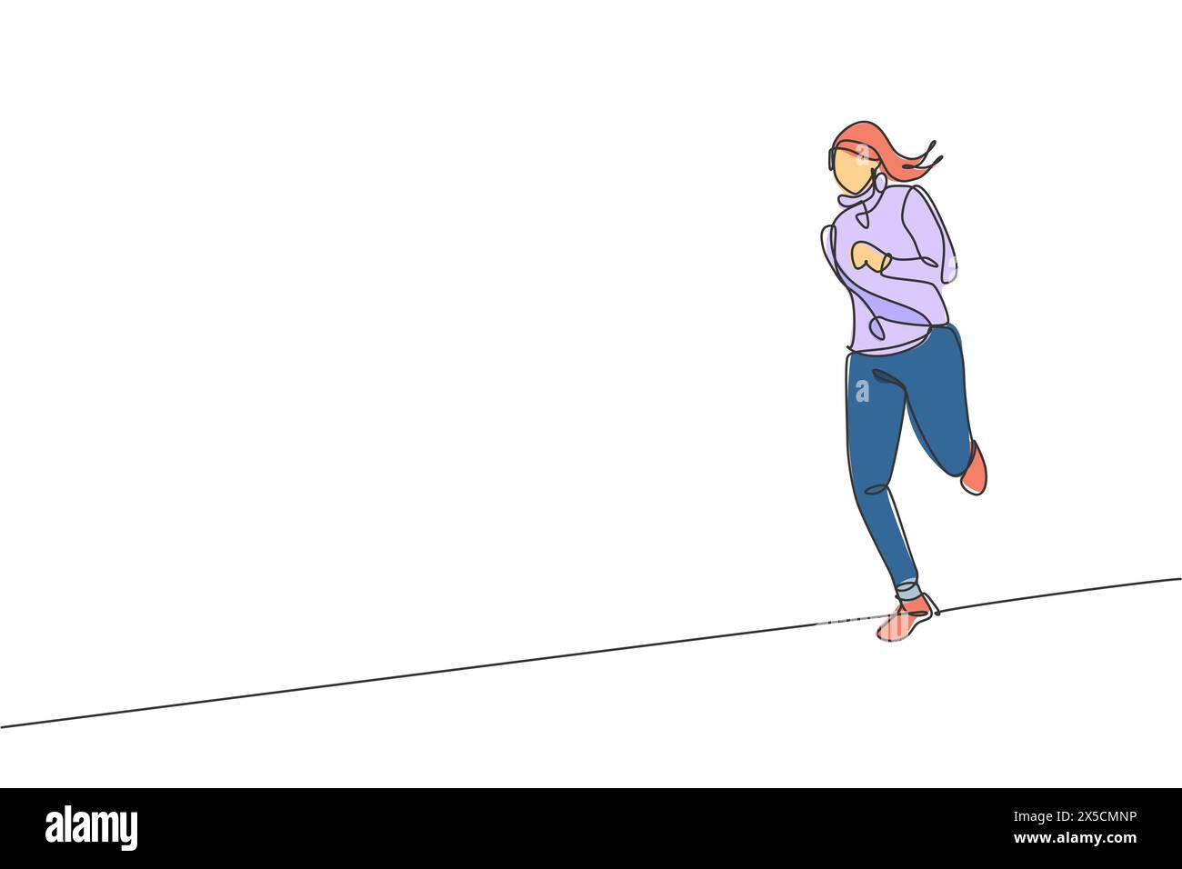 One continuous line drawing of young sporty runner woman wearing hoodie ...