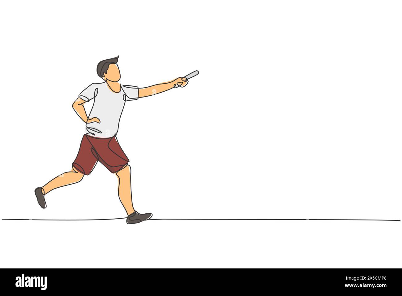 One single line drawing young happy runner man try to pass baton stick ...