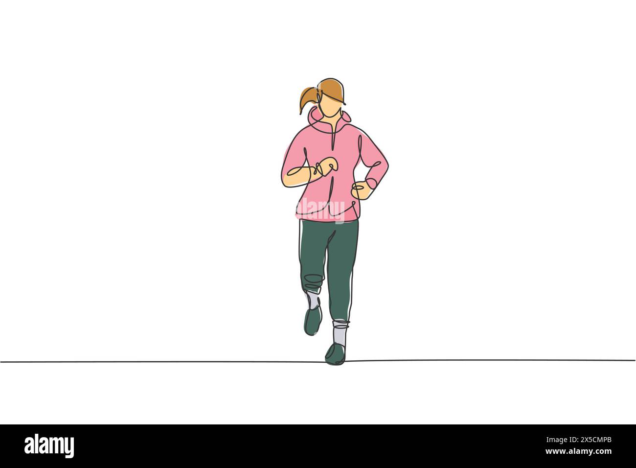 One continuous line drawing of young sporty runner woman relax running ...