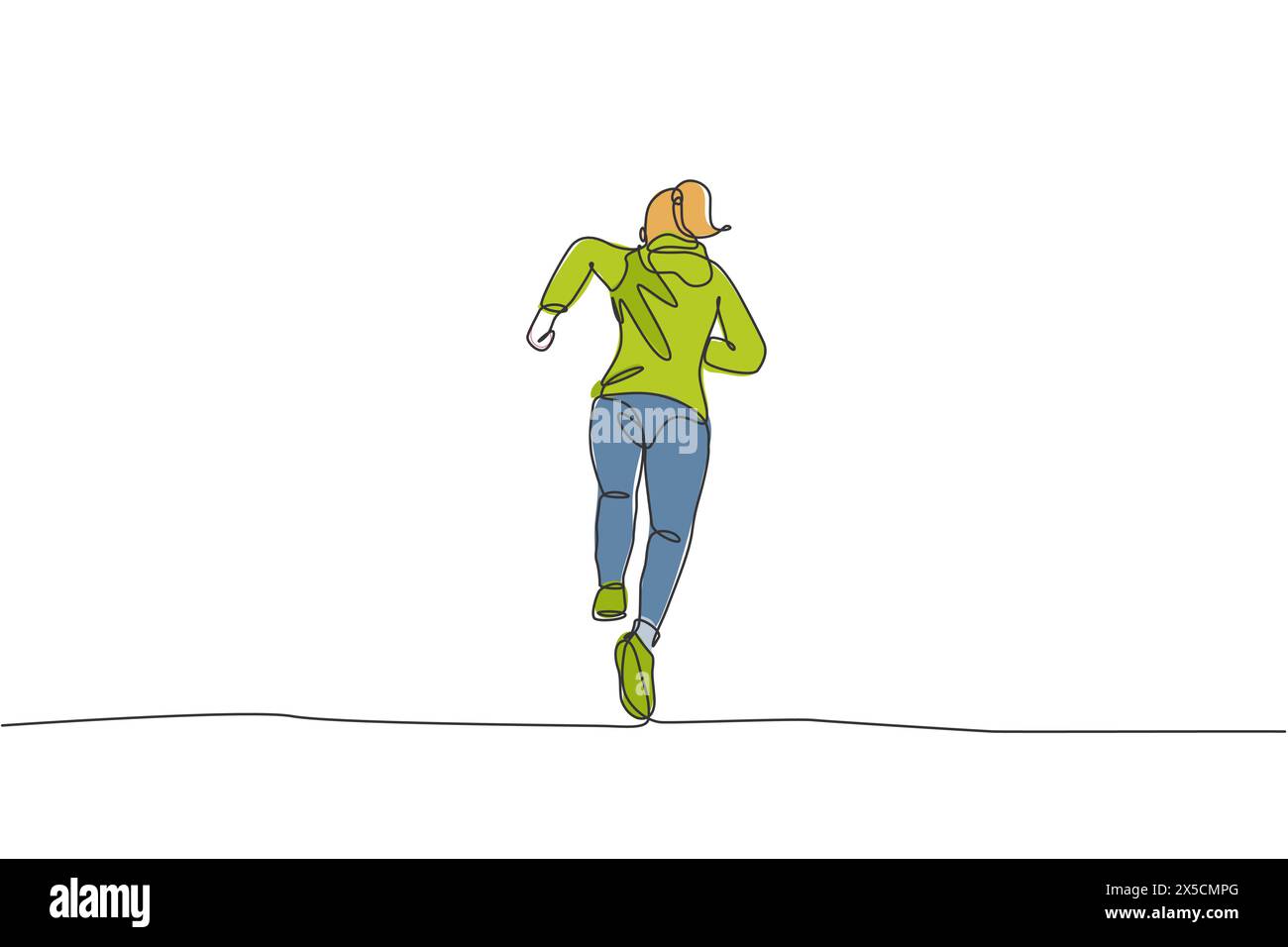 One single line drawing of young happy runner woman wearing hoodie ...