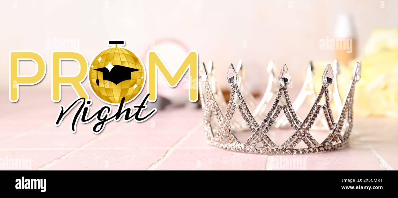 Beautiful tiara on table, closeup. Banner for Prom Night Stock Photo ...