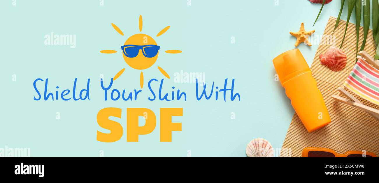 Sunscreen cream and beach accessories on light blue background. Banner ...