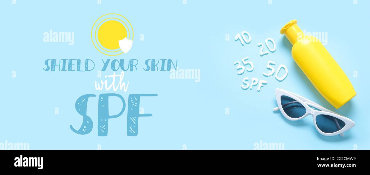 Sunscreen cream and sunglasses on light blue background. Banner for ...