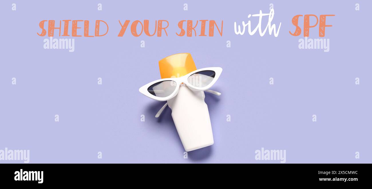 Sunglasses and bottle of sunscreen cream on lilac background. Banner ...