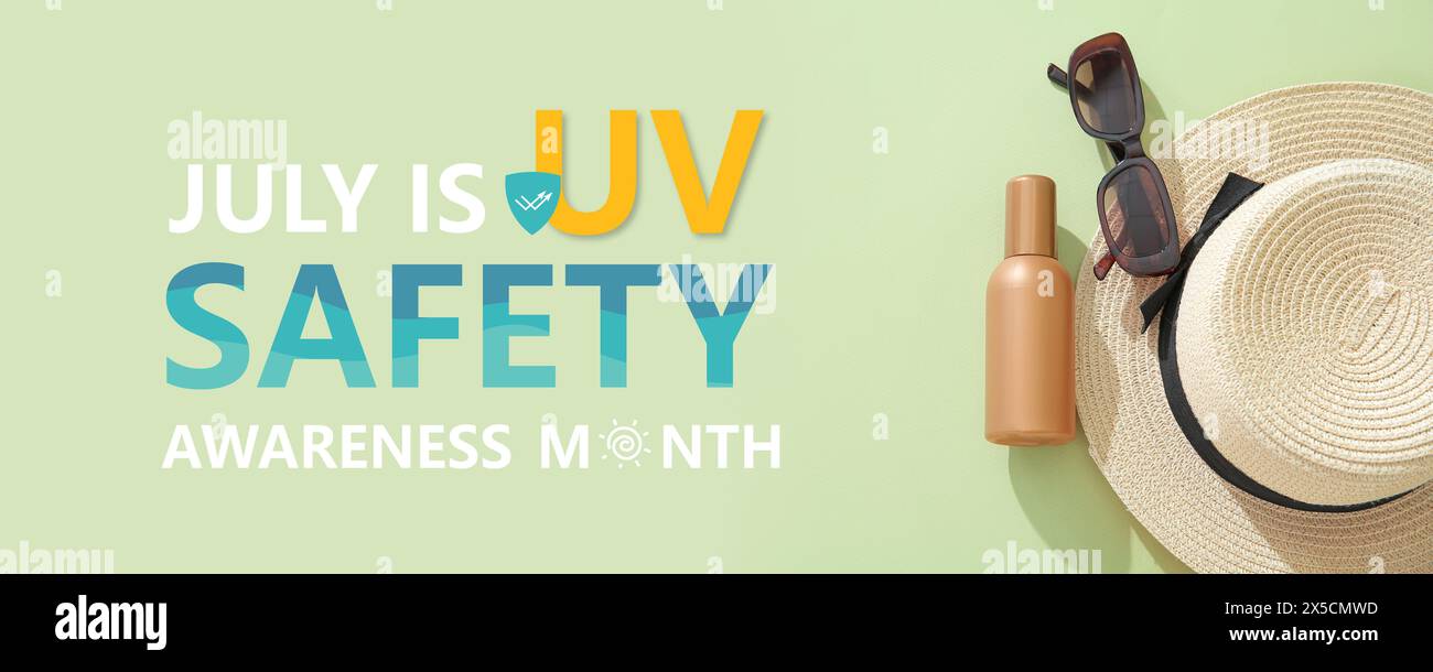 Sunscreen cream with sunglasses and hat on green background. Banner for ...