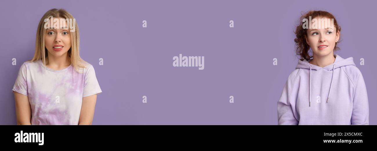 Young embarrassed women on lilac background with space for text Stock ...