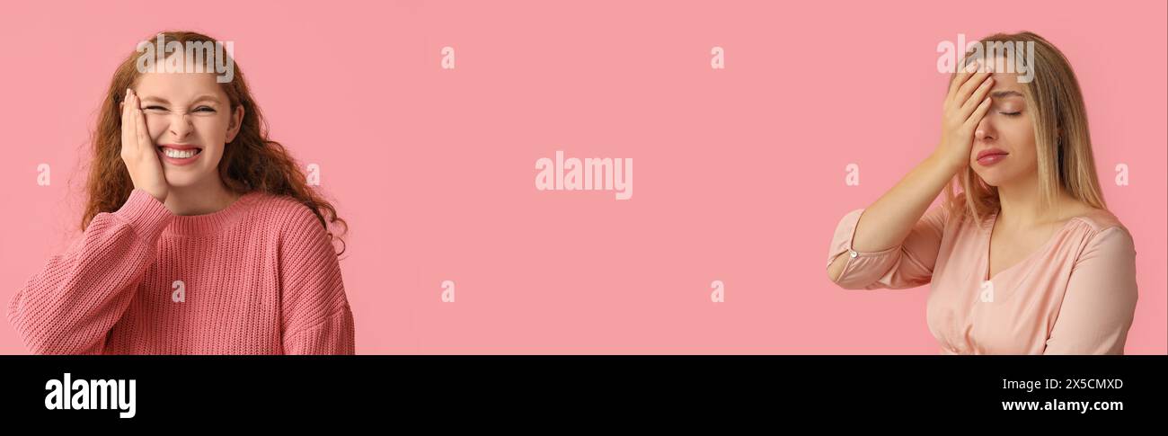 Young embarrassed women on pink background with space for text Stock ...