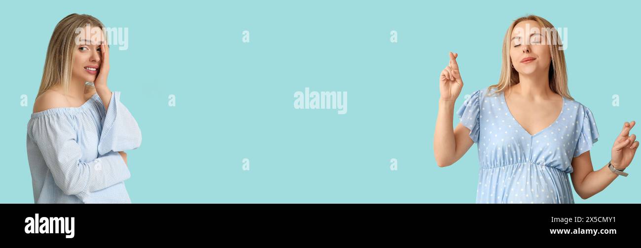 Young embarrassed women on light blue background with space for text ...