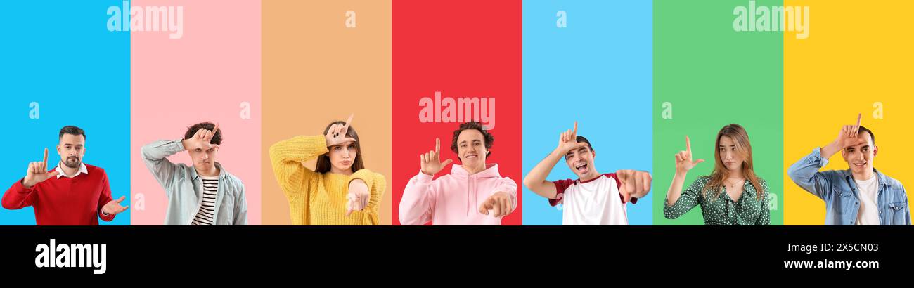 Group of young people showing loser gesture on color background Stock ...