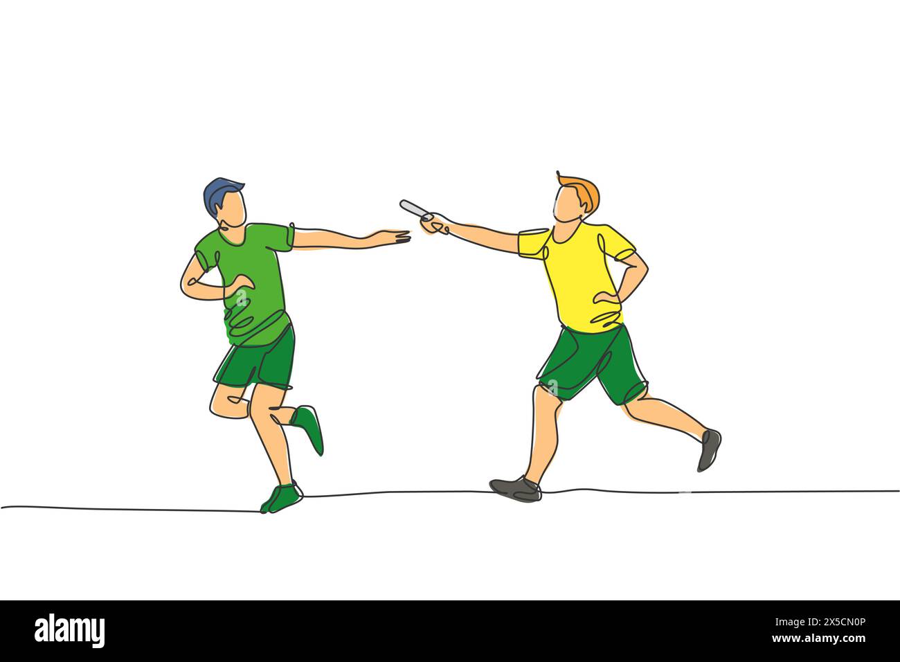 One single line drawing young happy runner man pass baton stick to his ...
