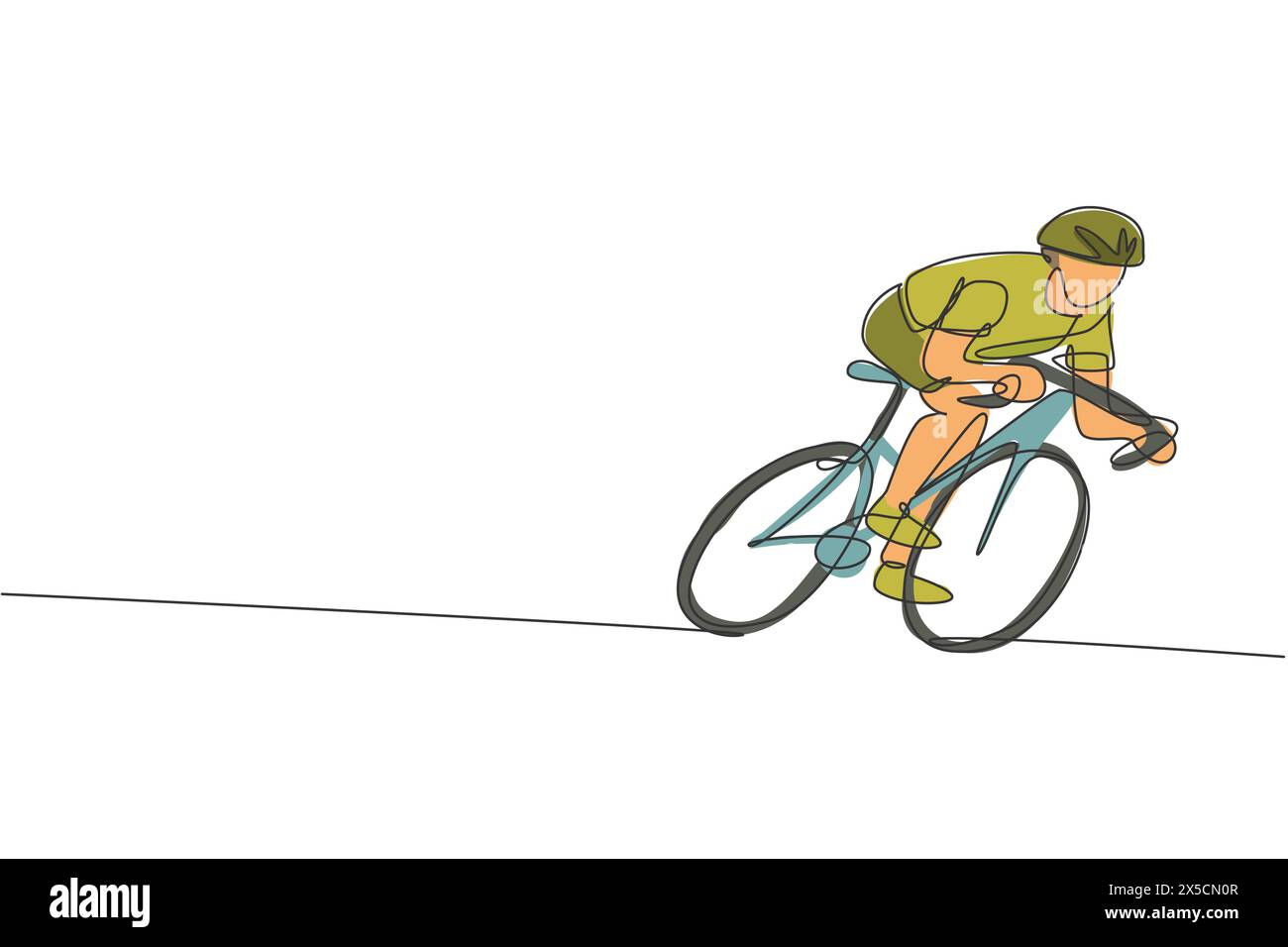 One single line drawing young energetic man bicycle racer focus ...