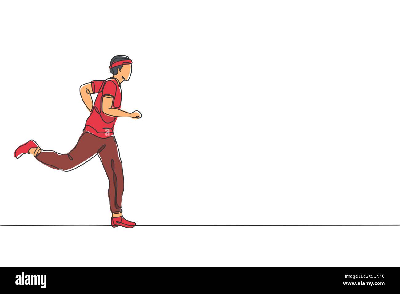 One continuous line drawing of young sporty runner man relax running at ...