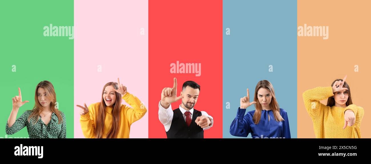 Set of young people showing loser gesture on color background Stock ...