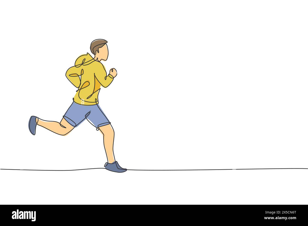 One single line drawing of young happy runner man wearing hoodie ...