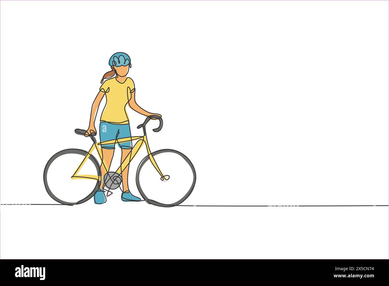 One continuous line drawing of young sporty woman bicycle racer wait ...
