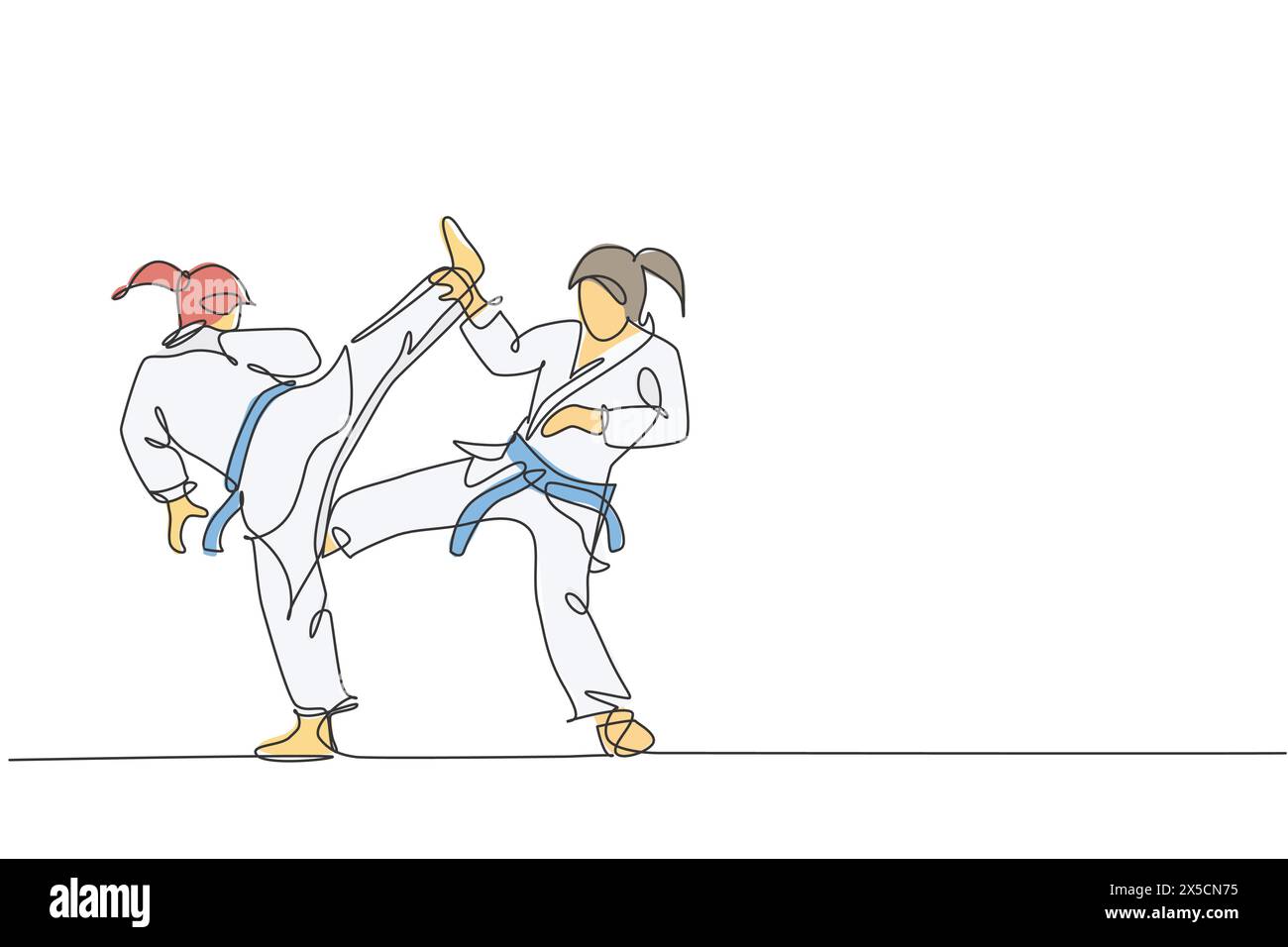One continuous line drawing of two young talented karateka girls train ...