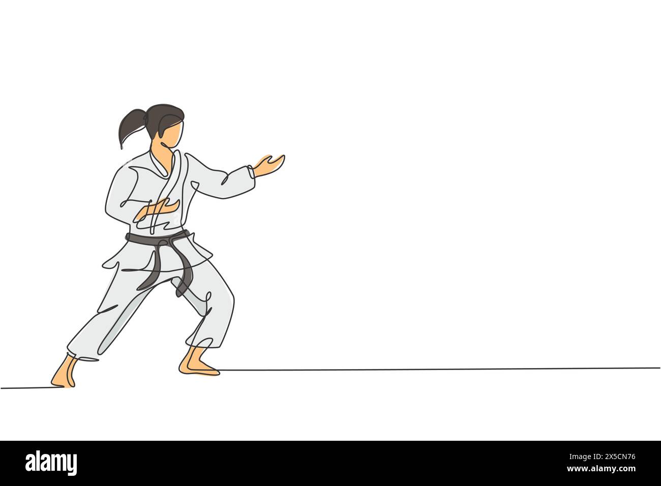 One continuous line drawing of young talented karateka girl train pose ...