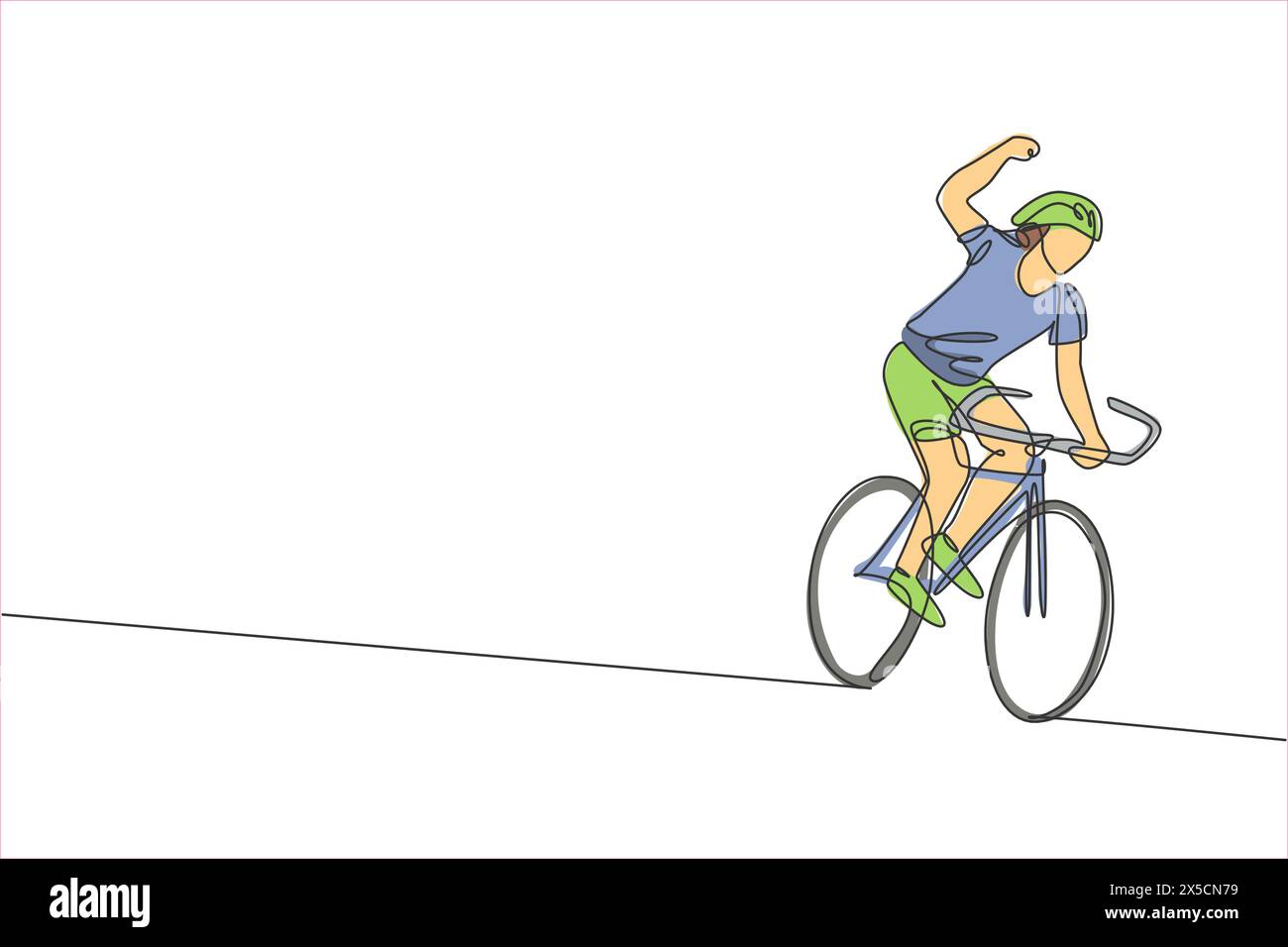 Single continuous line drawing of young agile man cyclist happy to ...