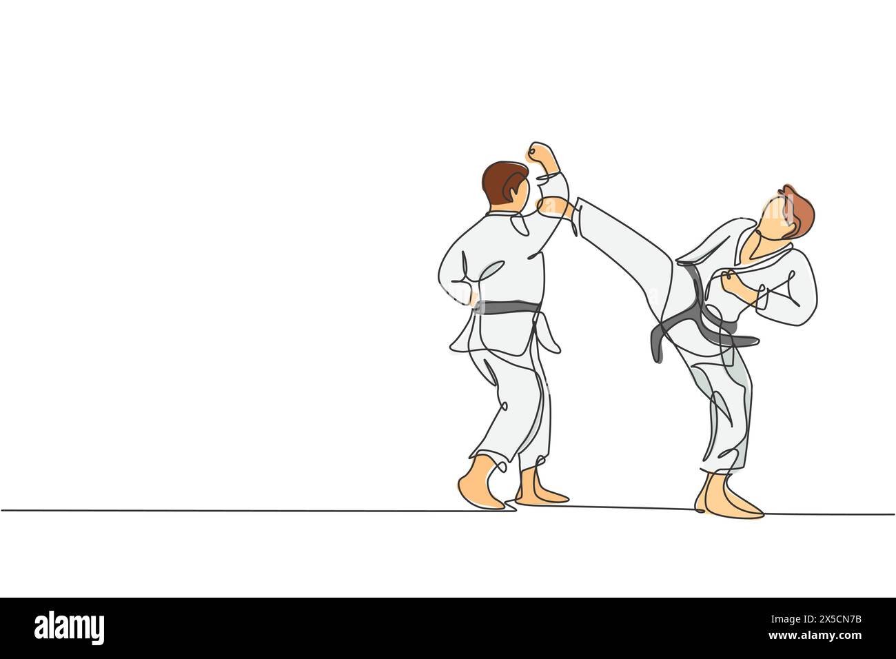 Single continuous line drawing two young confident karateka men in ...