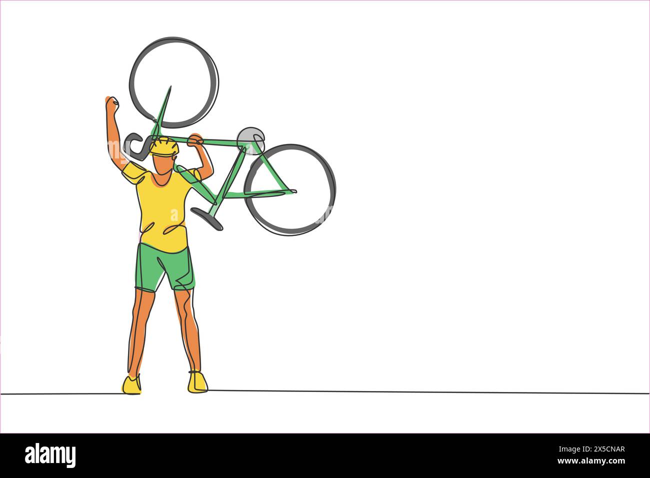 One continuous line drawing of young sporty man bicycle racer lift his ...