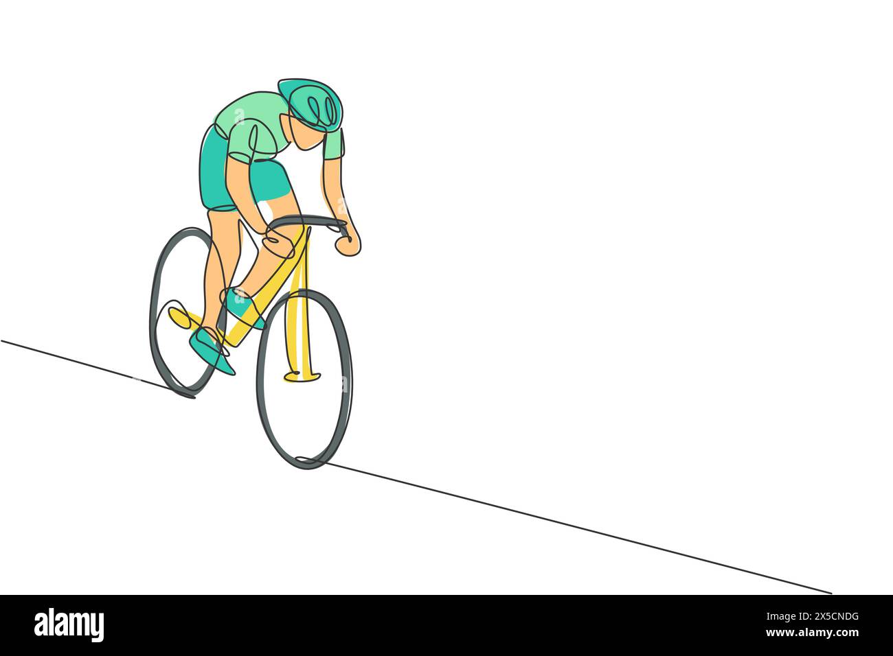 One single line drawing of young energetic man bicycle racer focus to ...