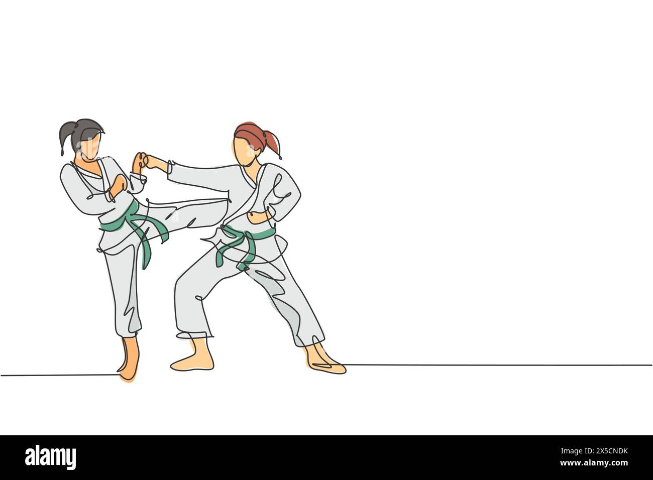 Single continuous line drawing of two young confident karateka girls in ...